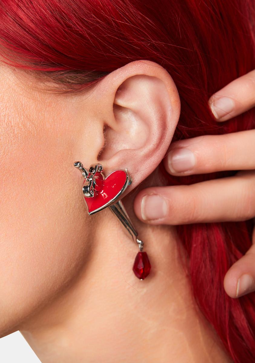 Dagger Through Heart Earrings - Red/Silver – Dolls Kill
