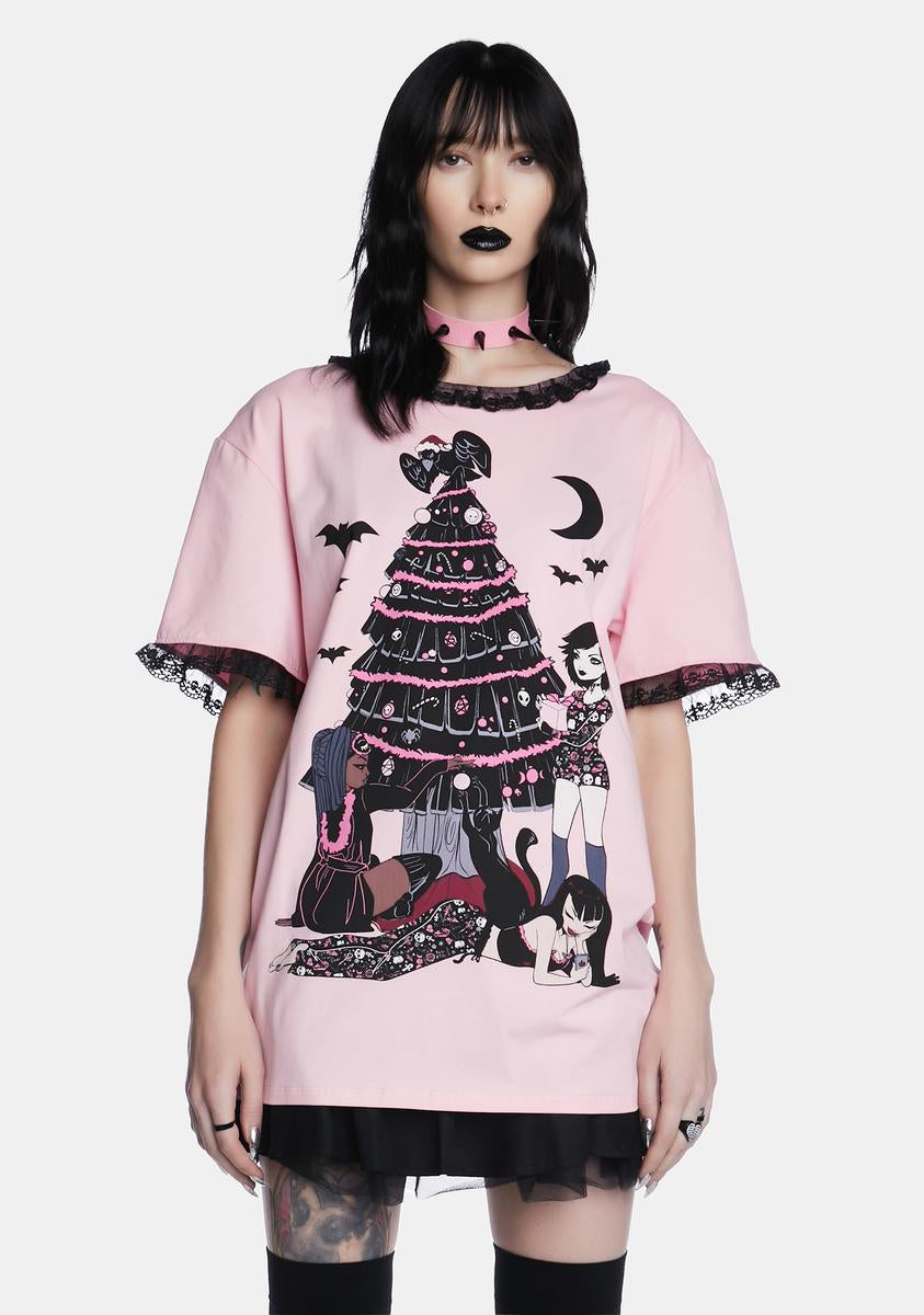 The Grave Girls Goth Christmas Graphic Tee Oversized - Light Pink ...