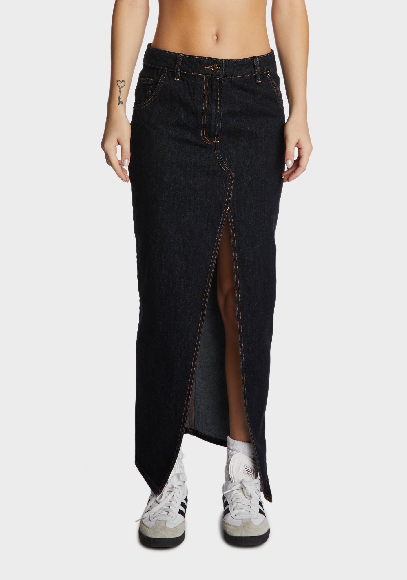 Lioness Denim Midi Skirt With Front Slit - Black – Dolls Kill