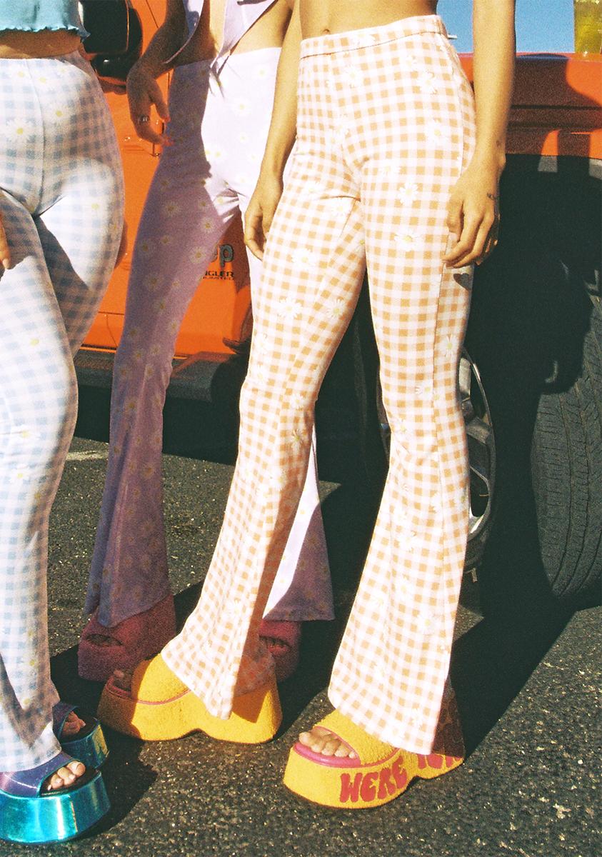 Festival Checkered Floral Print Flares - Orange – Dolls Kill
