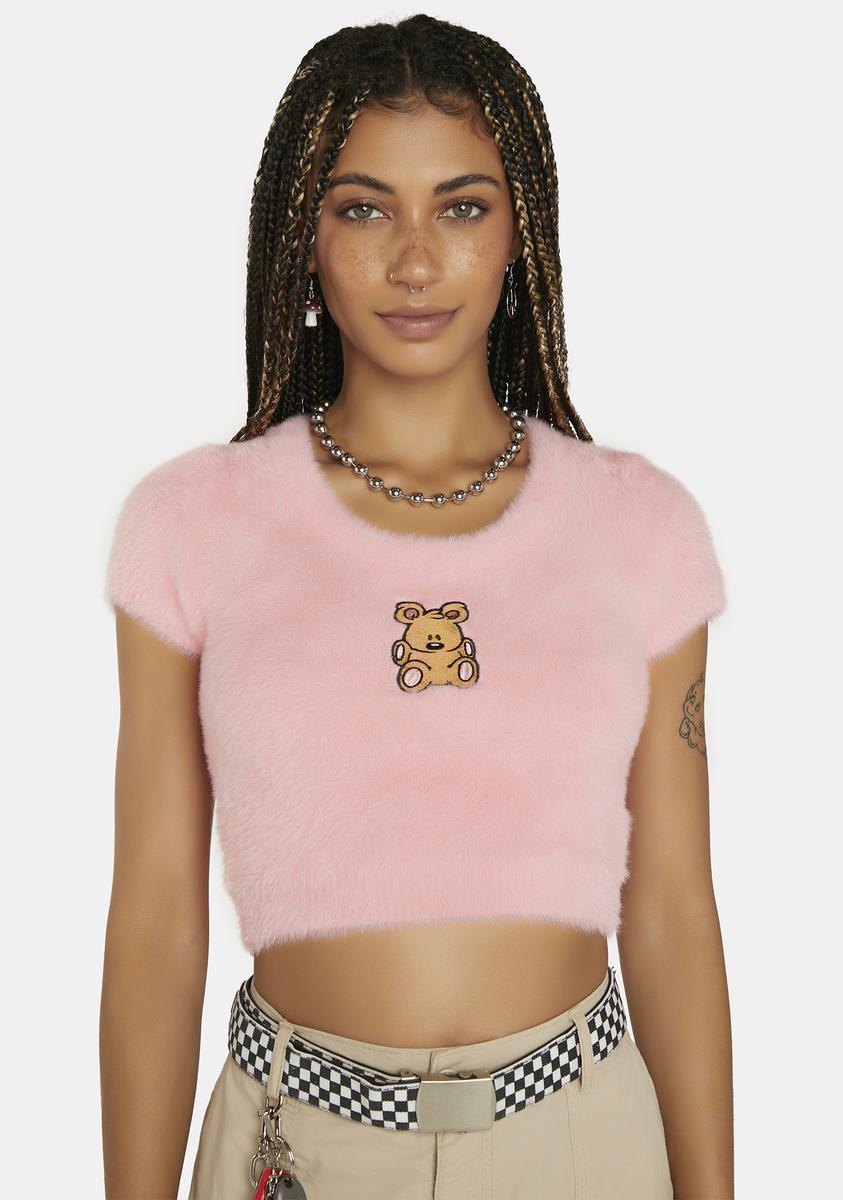 Dolls Kill X Garfield Fuzzy Pookie Bear Cropped Sweater - Pink