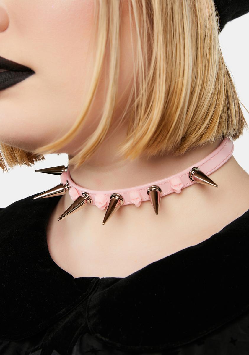 Vegan Leather Skull Spiked Choker - Pink – Dolls Kill