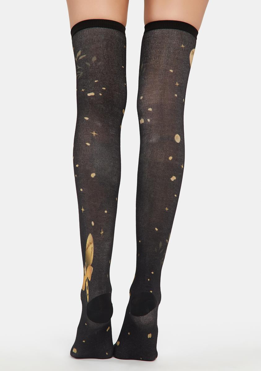 Moth And Moon Print Thigh High Socks – Dolls Kill