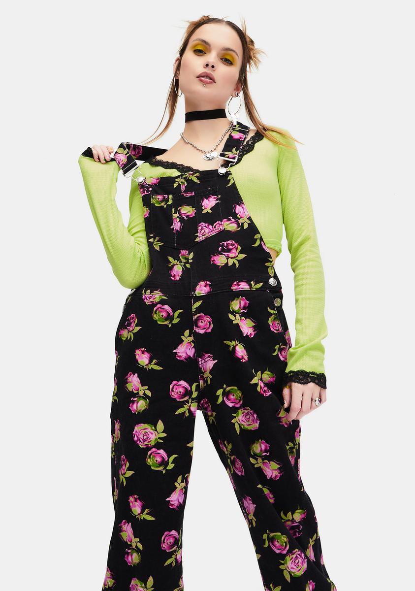 Delia's Pink Floral Print Overalls - Black – Dolls Kill