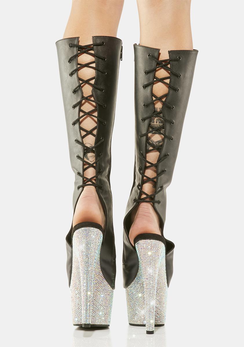 Pleaser Knee High Rhinestone Stiletto Platform Heels - Black – Dolls Kill