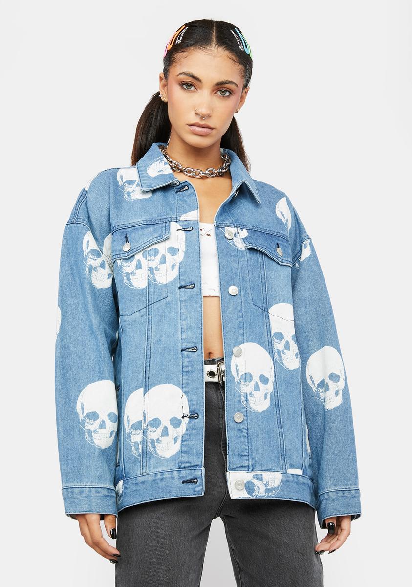 Skull Print Denim Jacket - Blue – Dolls Kill