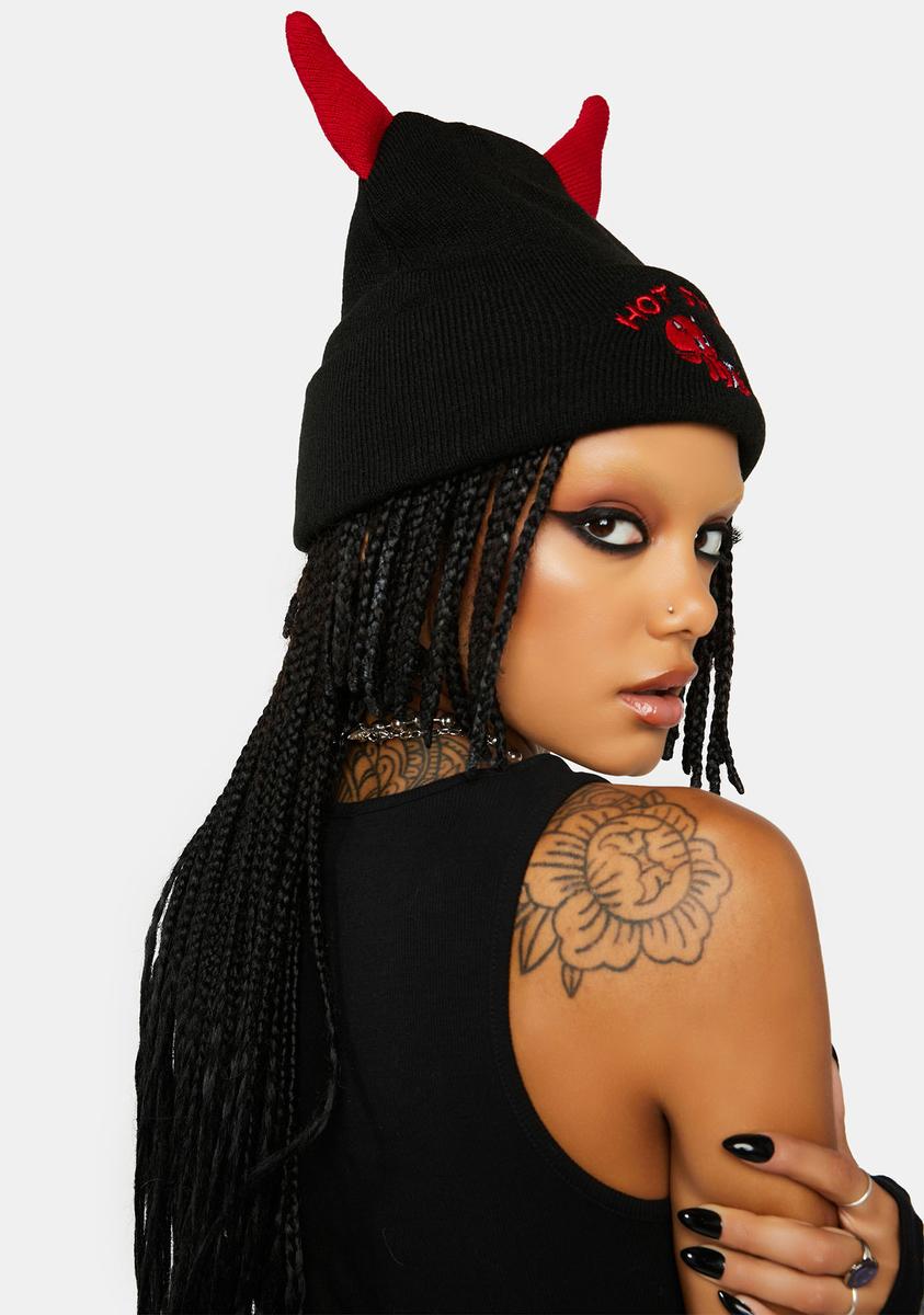 Dolls Kill x Hot Stuff Casper Knit Embroidered Devil Horn Beanie - Black