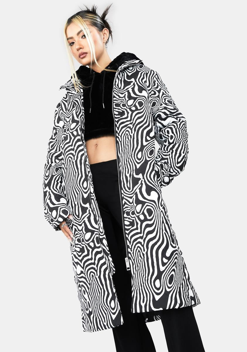 The Ragged Priest Trippy Wave Print Long Puffer Jacket - Black/White ...