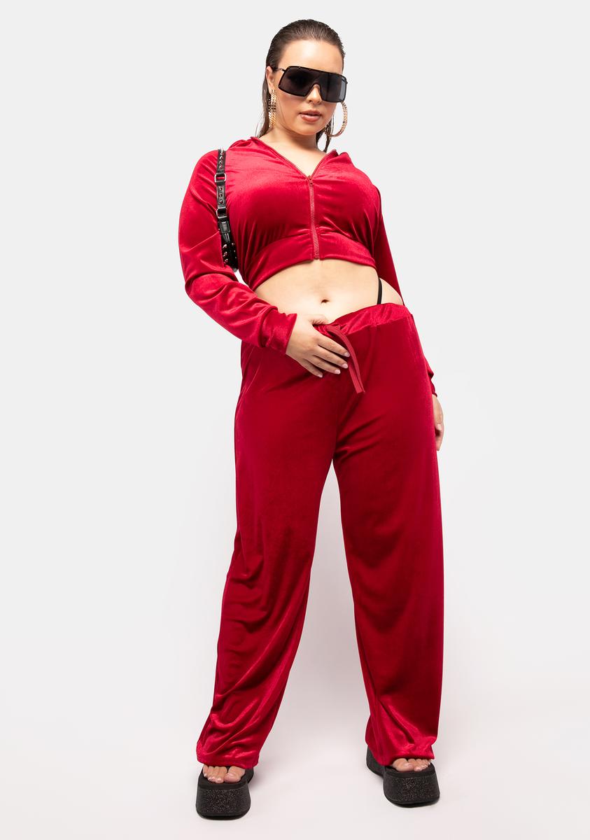 Plus Size Velour Crop Hoodie And Tracksuit Pants Set - Red – Dolls Kill