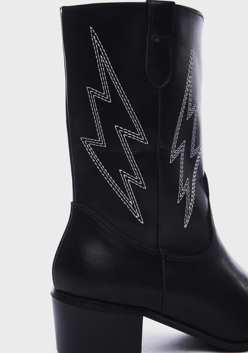 Vegan Leather Lightning Bolt Stitched Cowboy Boots - Black – Dolls Kill