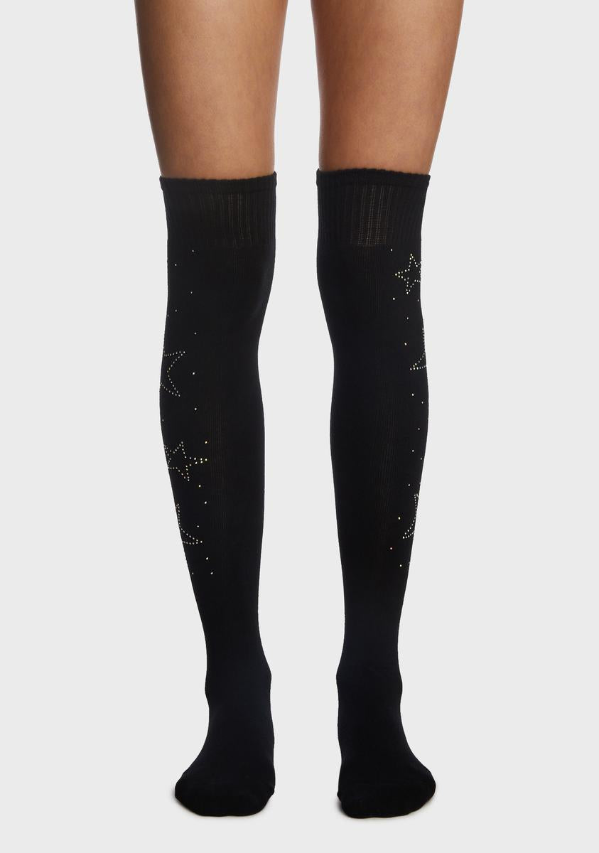 Knee High Rhinestone Embroidered Star Socks - Black – Dolls Kill