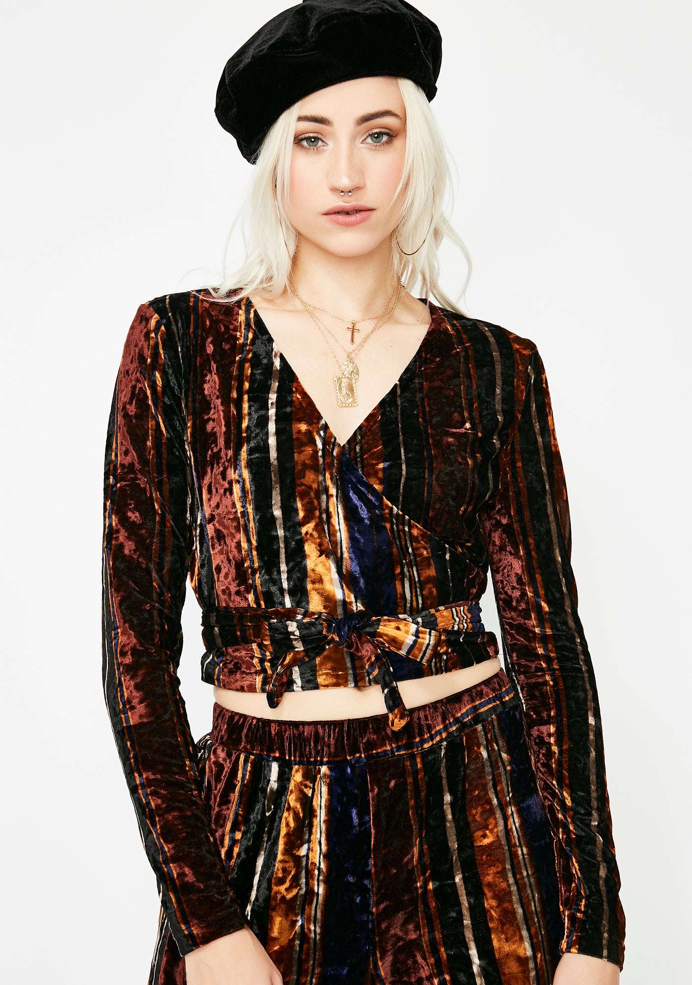 Crushed Velvet Striped Wrap Top – Dolls Kill