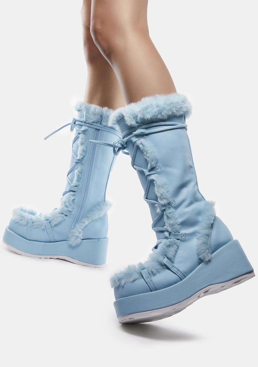 Demonia Cubby-311 Faux Fur Trim Knee High Boots - Baby Blue – Dolls Kill