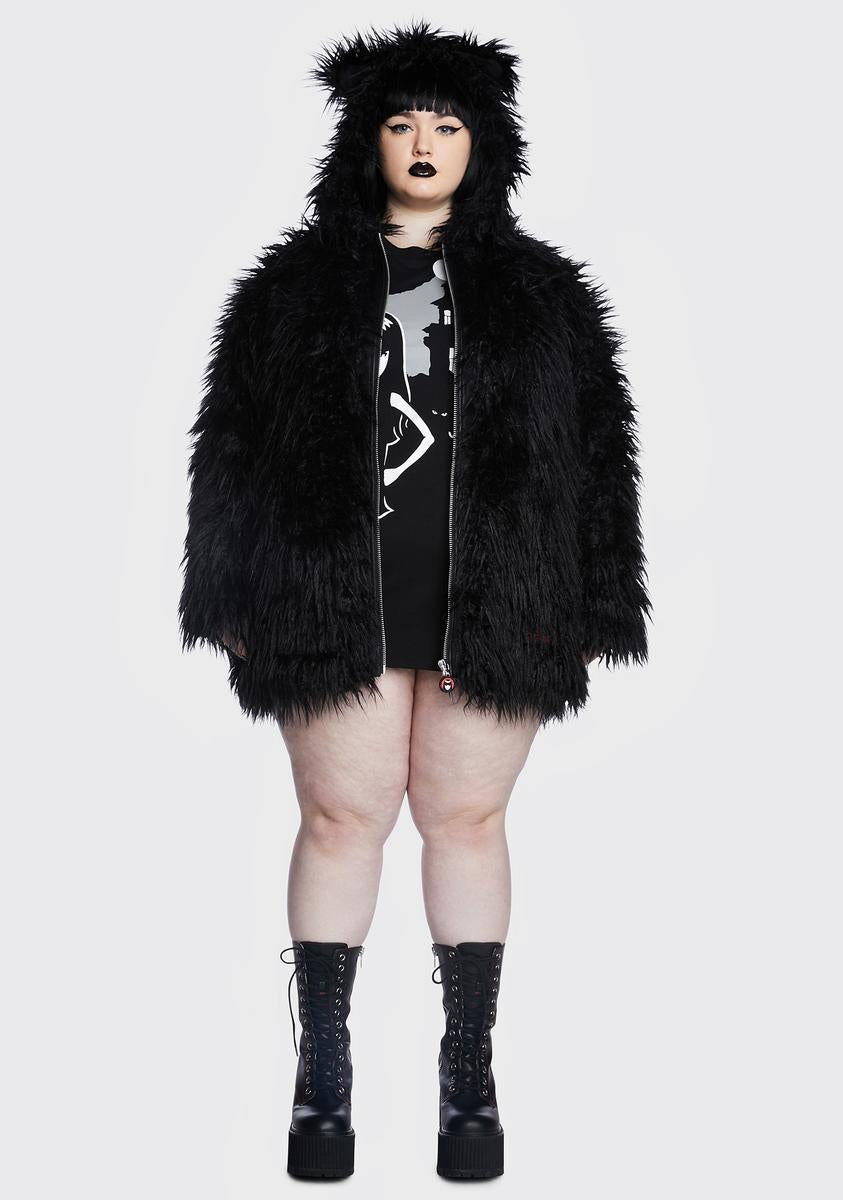 Plus Size Dolls Kill x Emily The Strange Shaggy Faux Fur Cat Ear Hooded ...