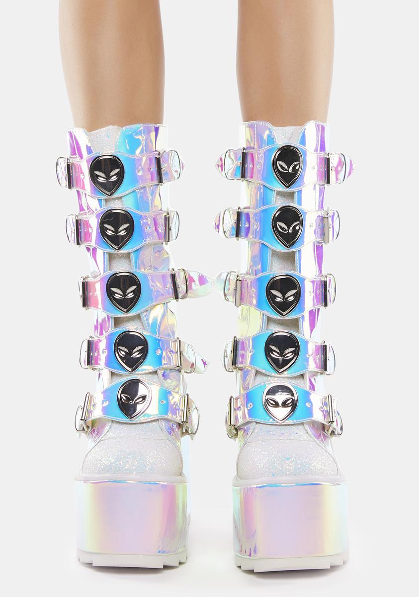 YRU Alien Buckle Platform Boots - Blue Iridescent – Dolls Kill