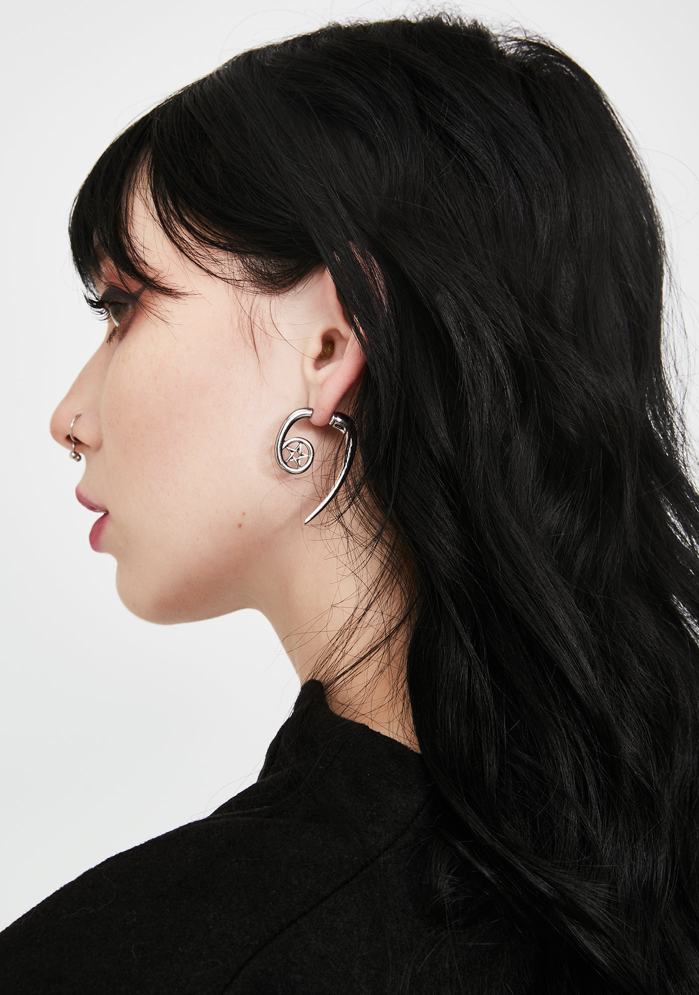 Silver Spiral Mini Pentagram Emblem Gothic Earrings – Dolls Kill