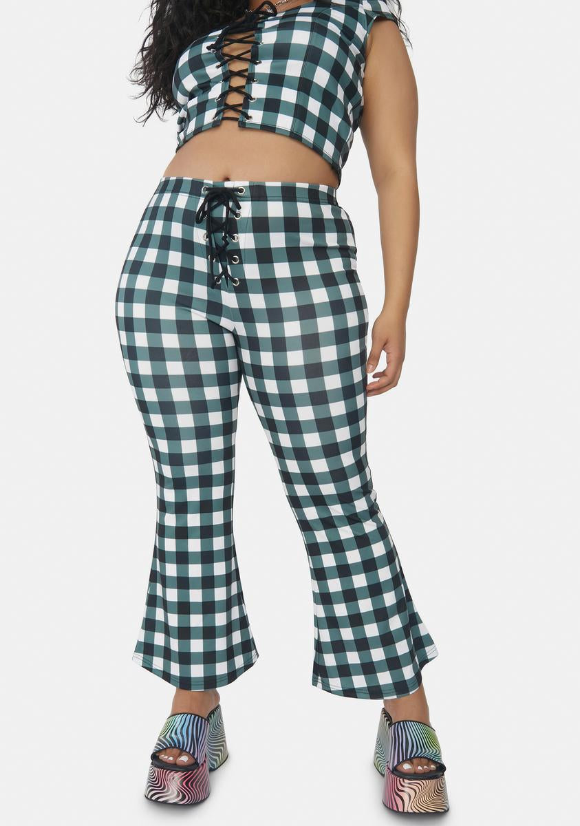 Plus Size Current Mood Gingham Lace Up Kick Flares - Black/White ...