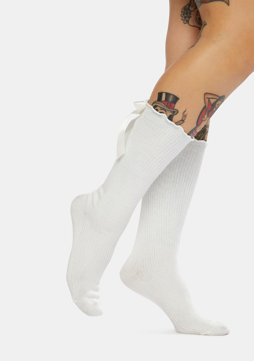 Ribbed Crew Socks With Satin Bow - White – Dolls Kill
