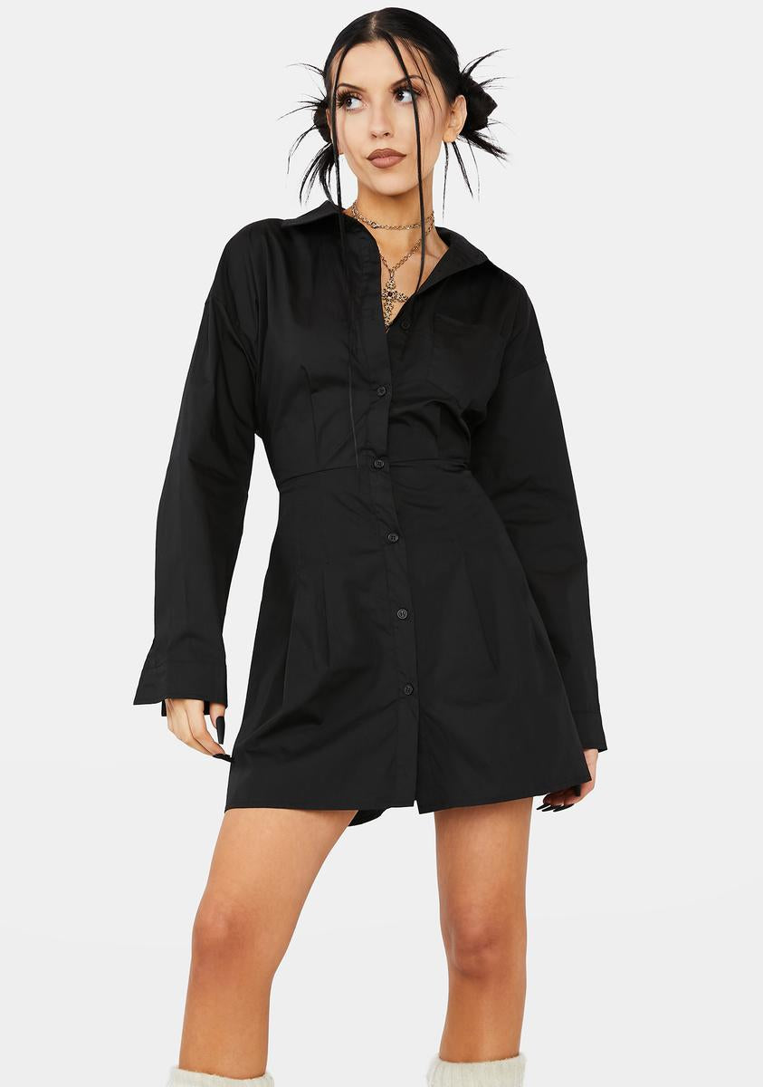Collared A Line Button Up Long Sleeve Shirt Dress - Black – Dolls Kill