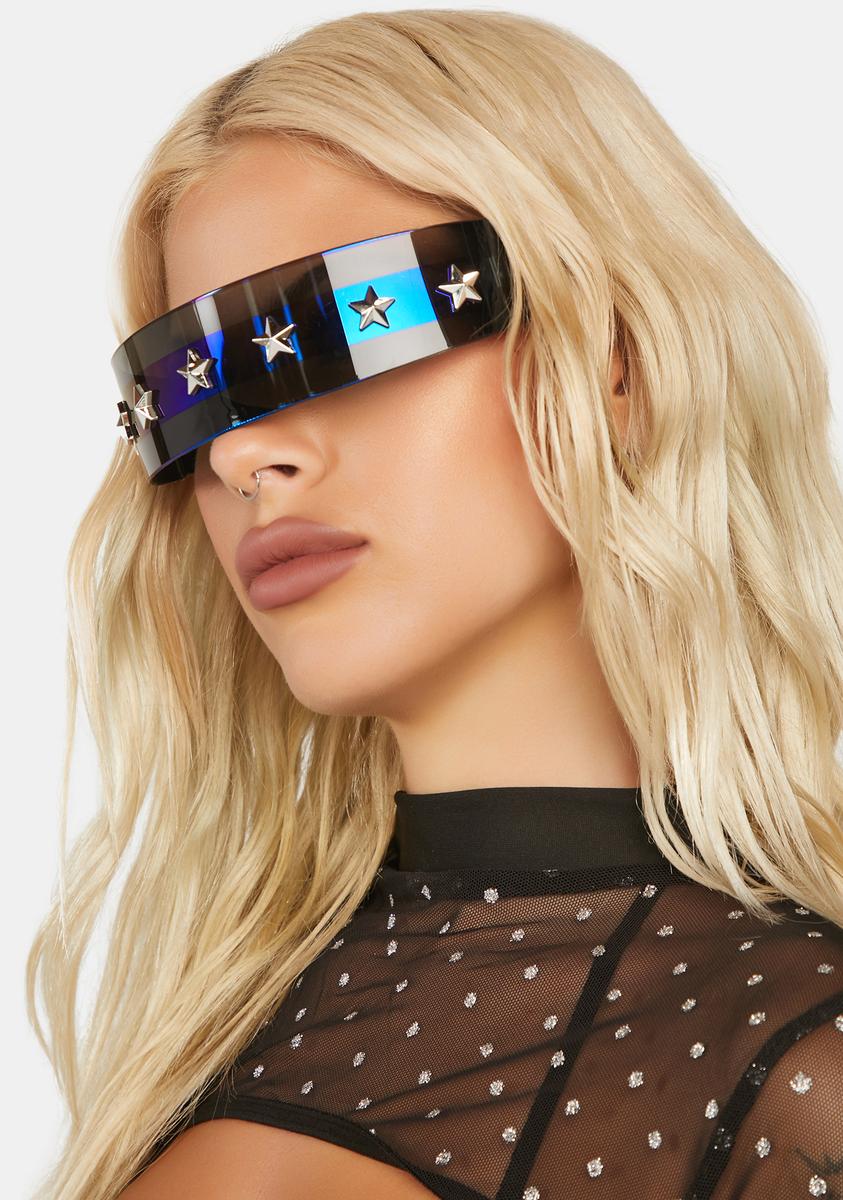 Star Studded Holographic Cyclops Shield Sunglasses - Black – Dolls Kill