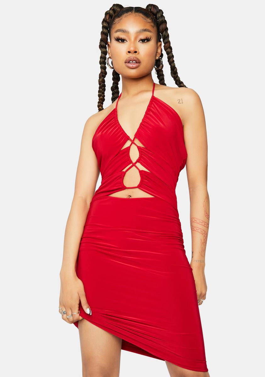 Cutout Ruched Halter Mini Dress - Red – Dolls Kill