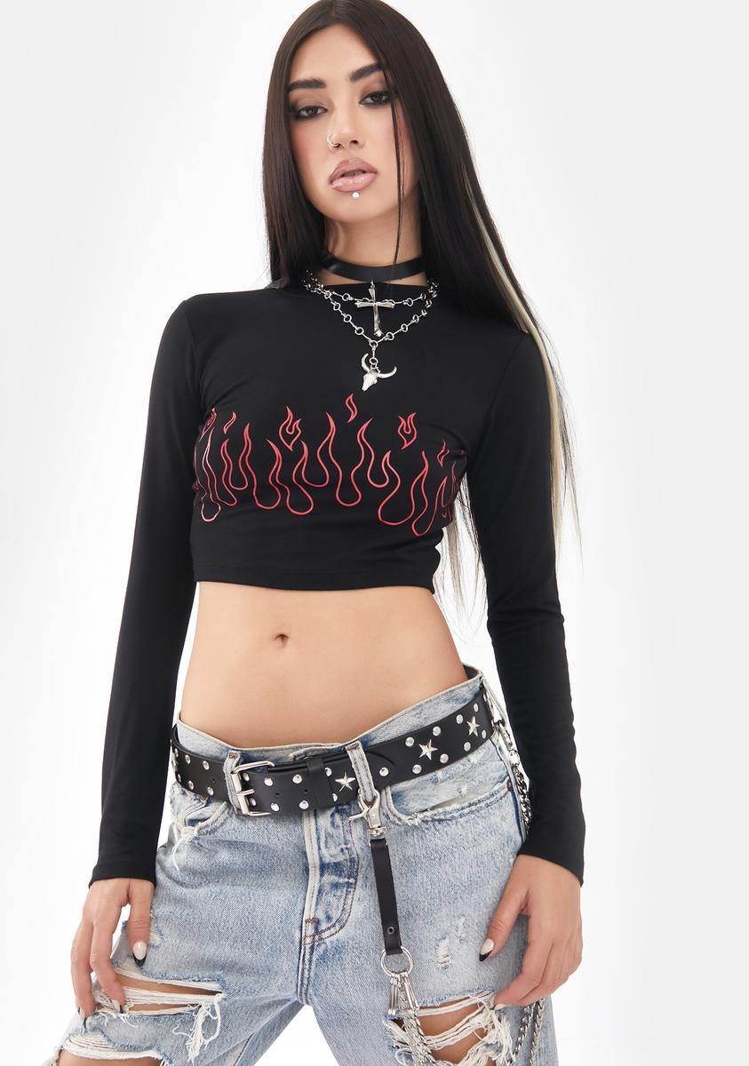 Flame Outline Long Sleeve Crop Top - Black – Dolls Kill