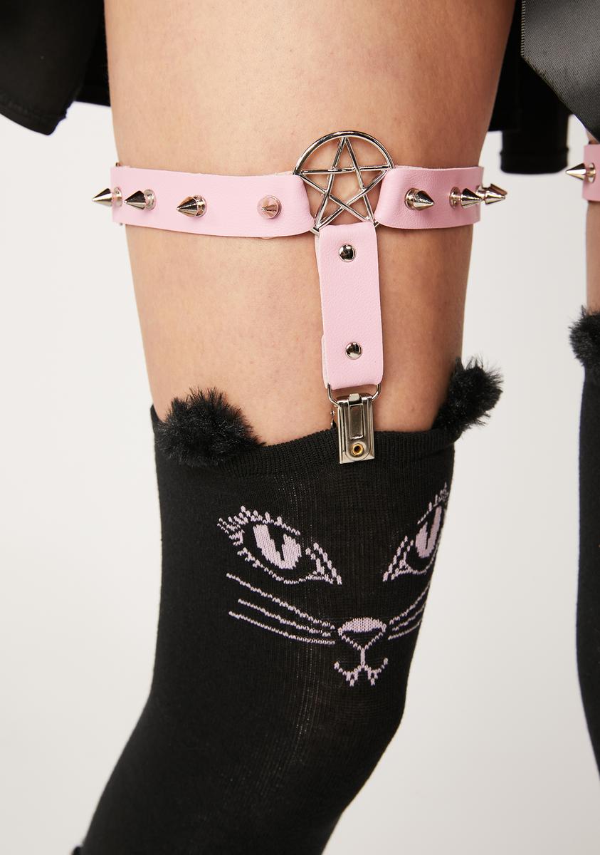 The Grave Girls Cat Pentagram Thigh High Garter Set Black/Pink – Dolls Kill