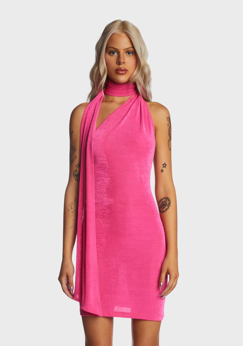 Kiki Riki Velour Tie Neck Mini Dress - Fuchsia – Dolls Kill