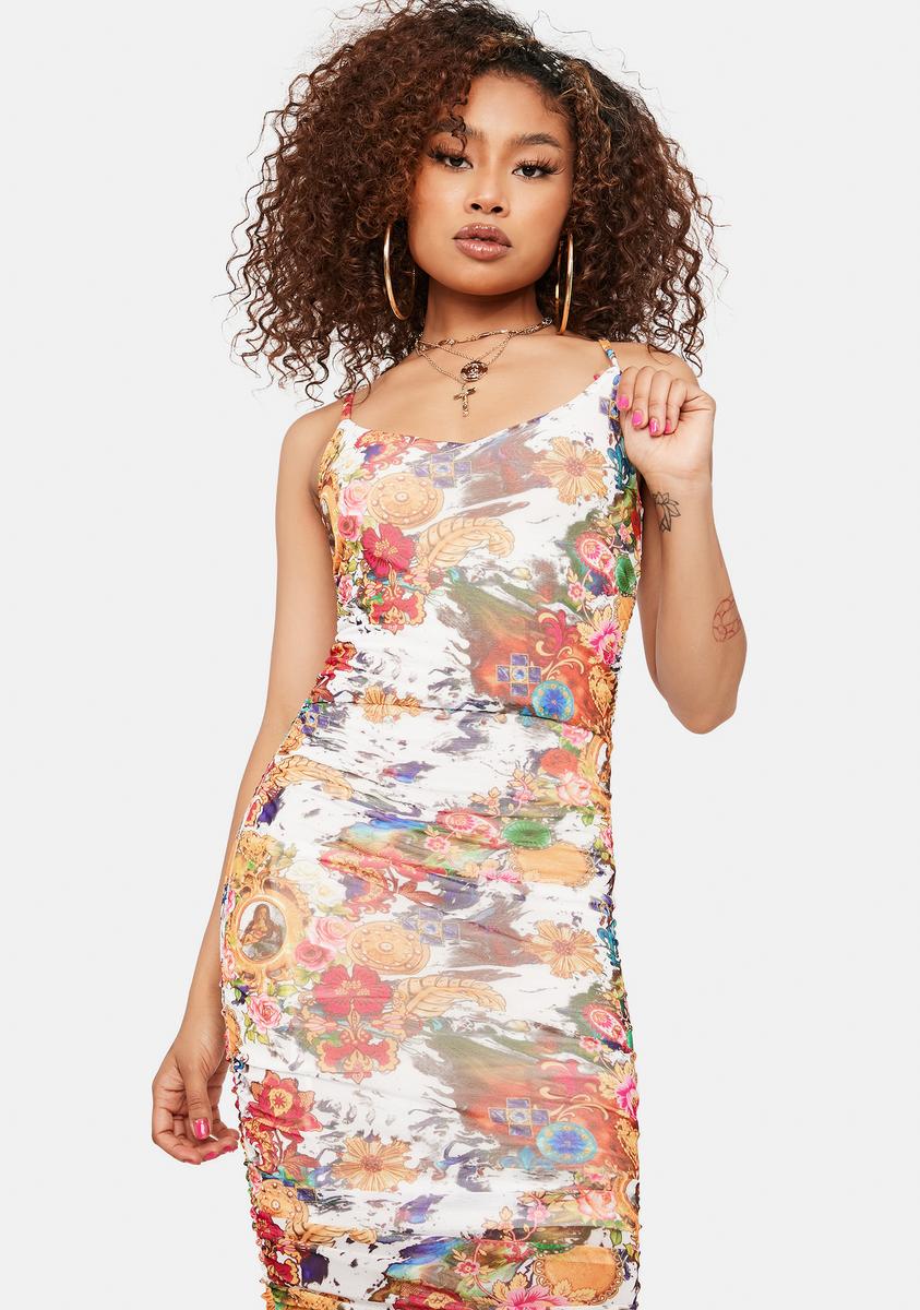 Floral Ruched Mesh Midi Dress – Dolls Kill
