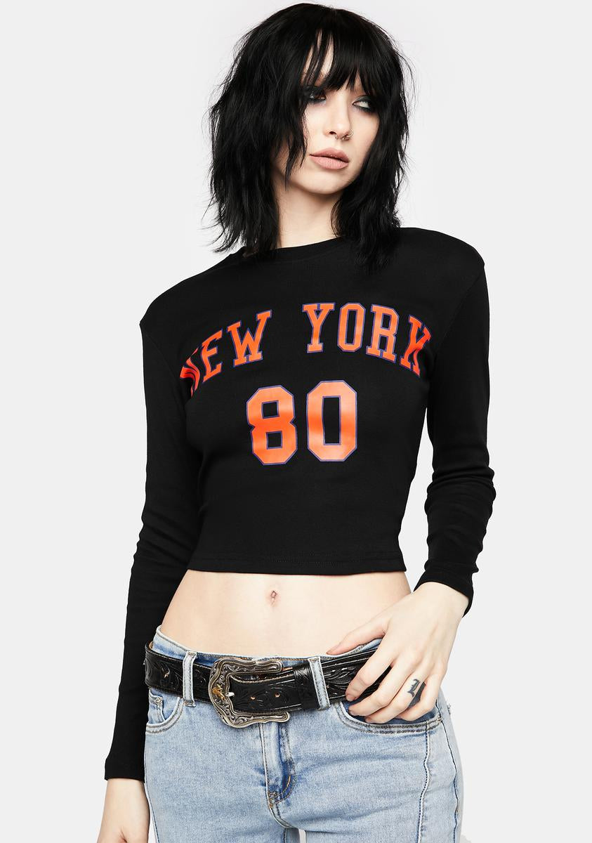 Edikted Long Sleeve Jersey Graphic Crop Top - Black – Dolls Kill