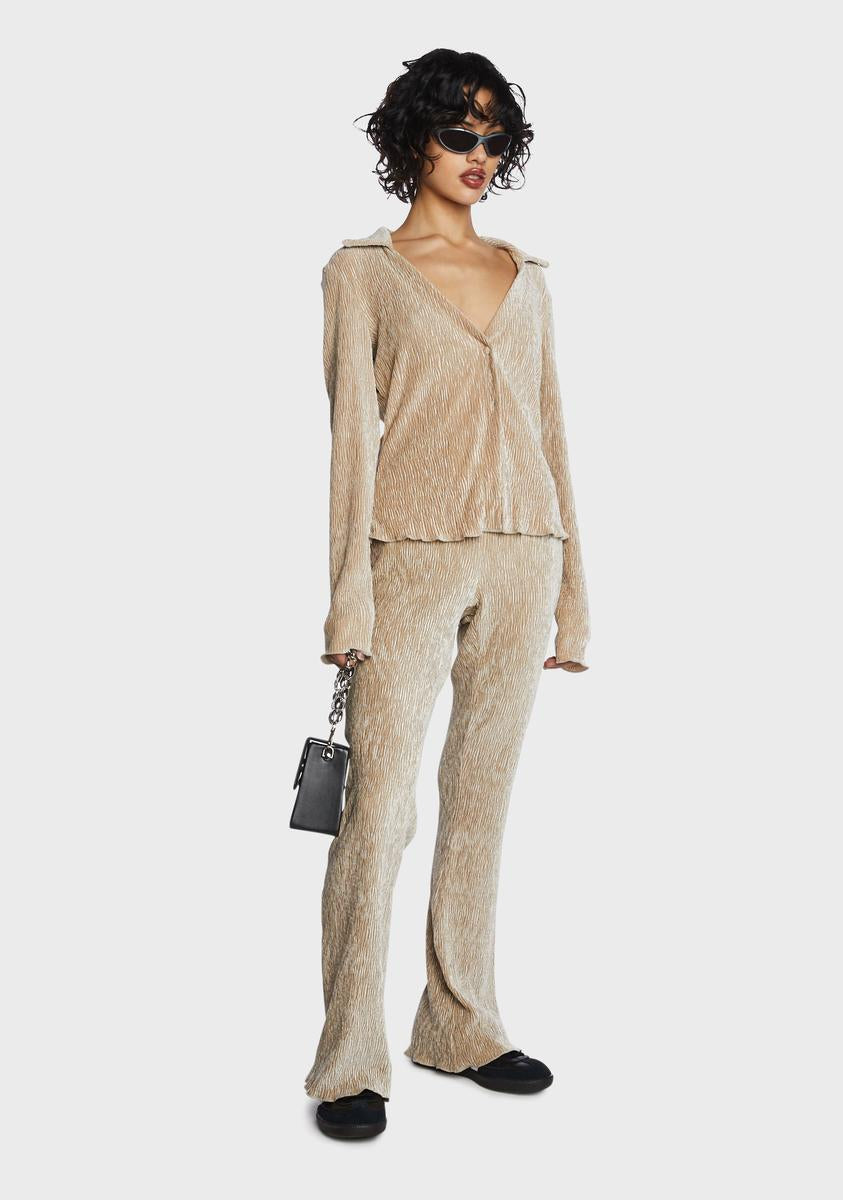 Pretty Garbage Pleated Button Up Shirt - Light Brown – Dolls Kill