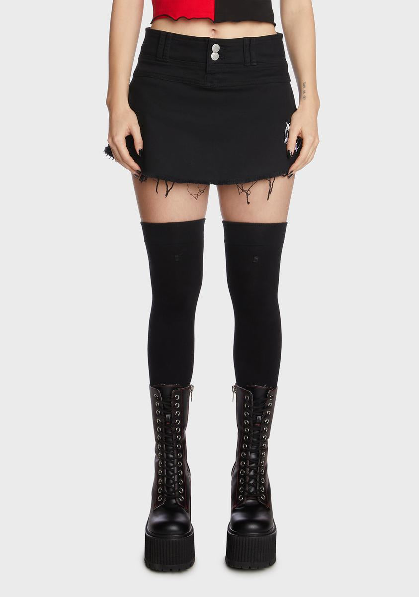 Dolls Kill x Emily The Strange Raw Denim Embroidered Mini Skirt - Black