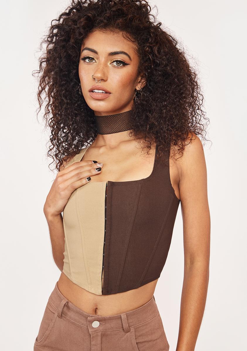 Two Tone Colorblock Hook And Eye Corset Tank - Brown – Dolls Kill