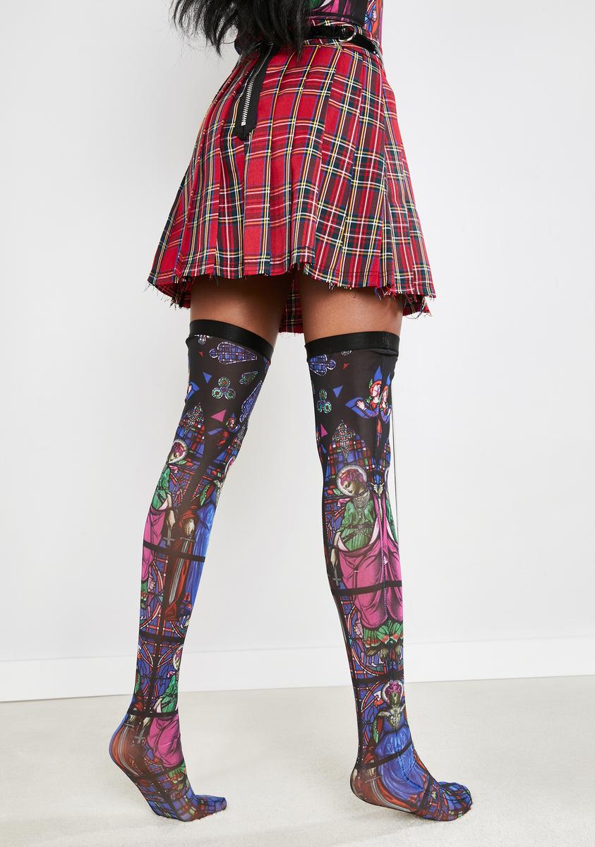 Current Mood Stained Glass Church Print Thigh High Socks - Rainbow ...