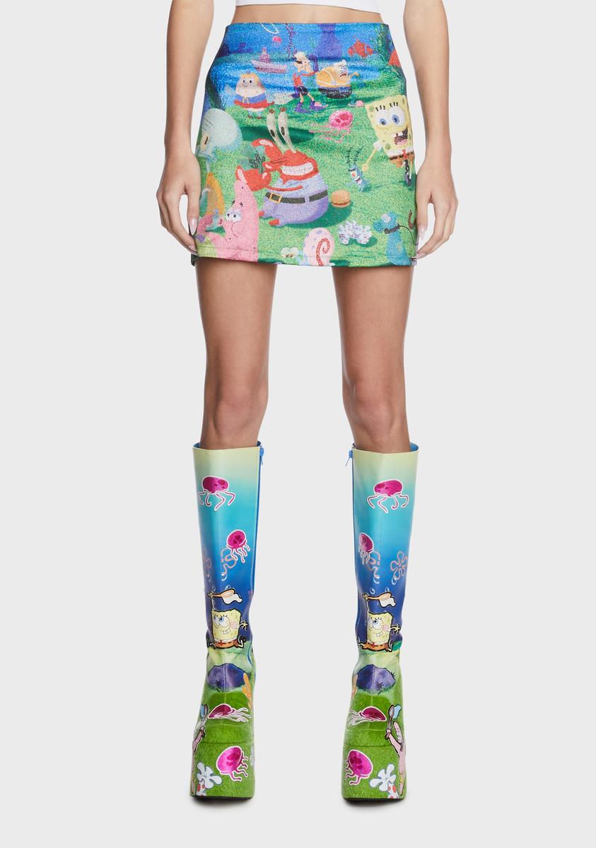 Dolls Kill x SpongeBob Satin Engineered Graphic Mini Skirt