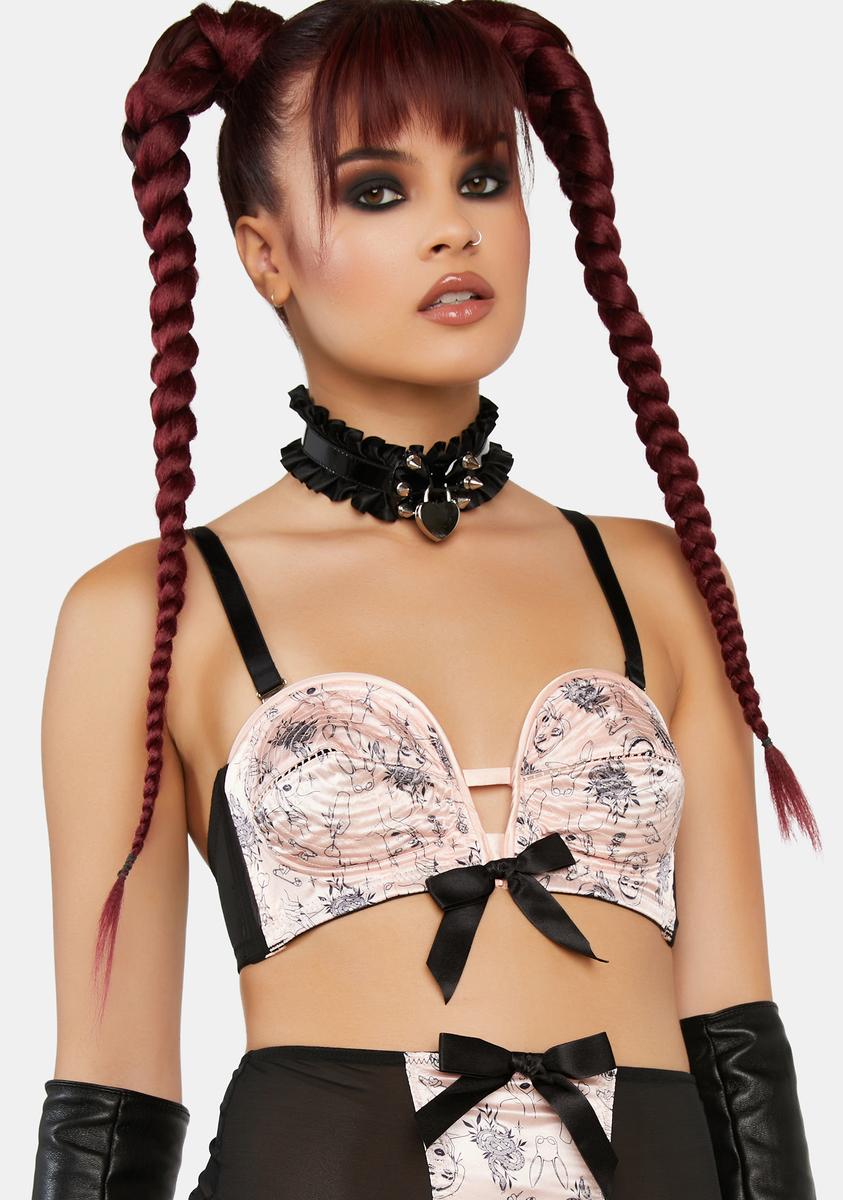 Playful Promises Tattoo Print Satin Bra - Black/Pink – Dolls Kill