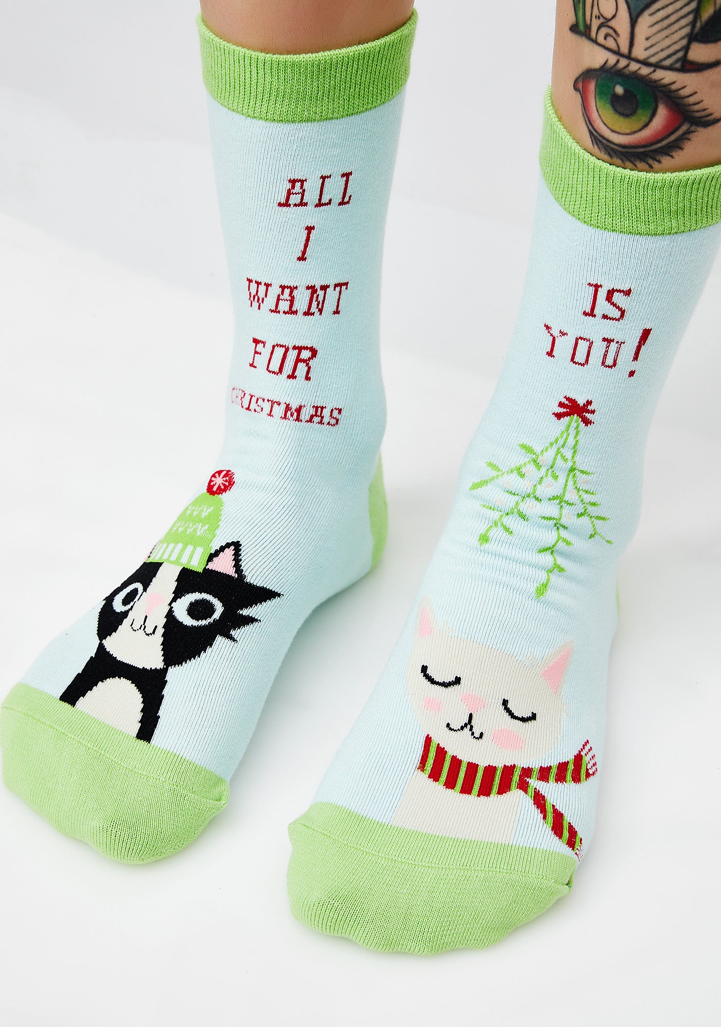 Mistletoe Cats Light Blue Socks – Dolls Kill