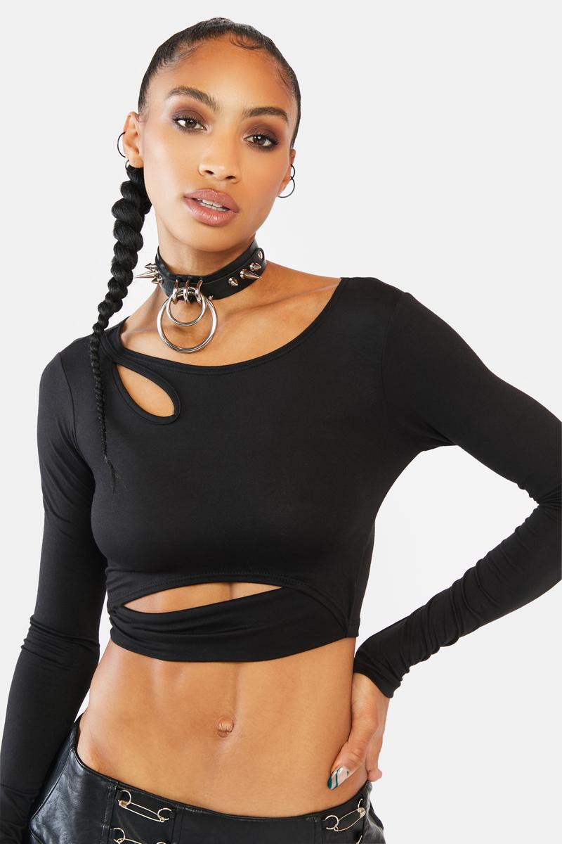 Long Sleeve Cutout Scoop Neck Crop Top Black Dolls Kill