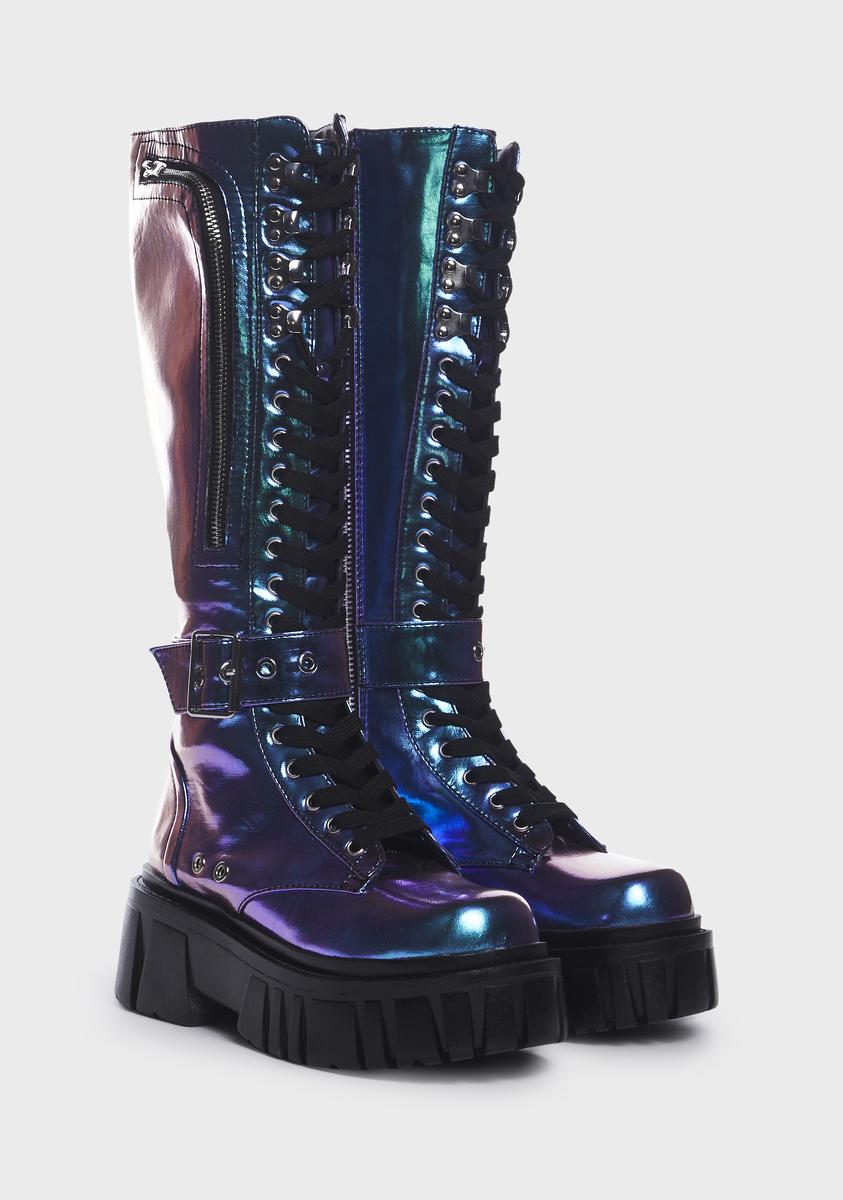 Current Mood Metallic Knee High Pocket Combat Boots - Blue – Dolls Kill