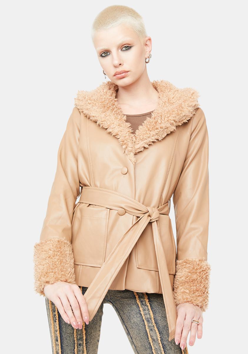 Vegan Leather Faux Fur Trim Waist Tie Coat Brown – Dolls Kill