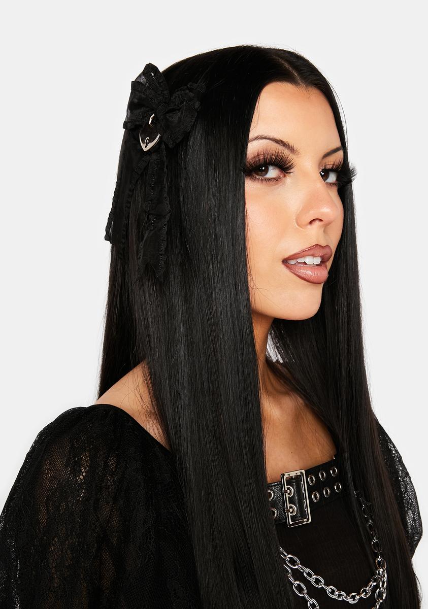 Sheer Bow With Heart Lock Charm - Black – Dolls Kill
