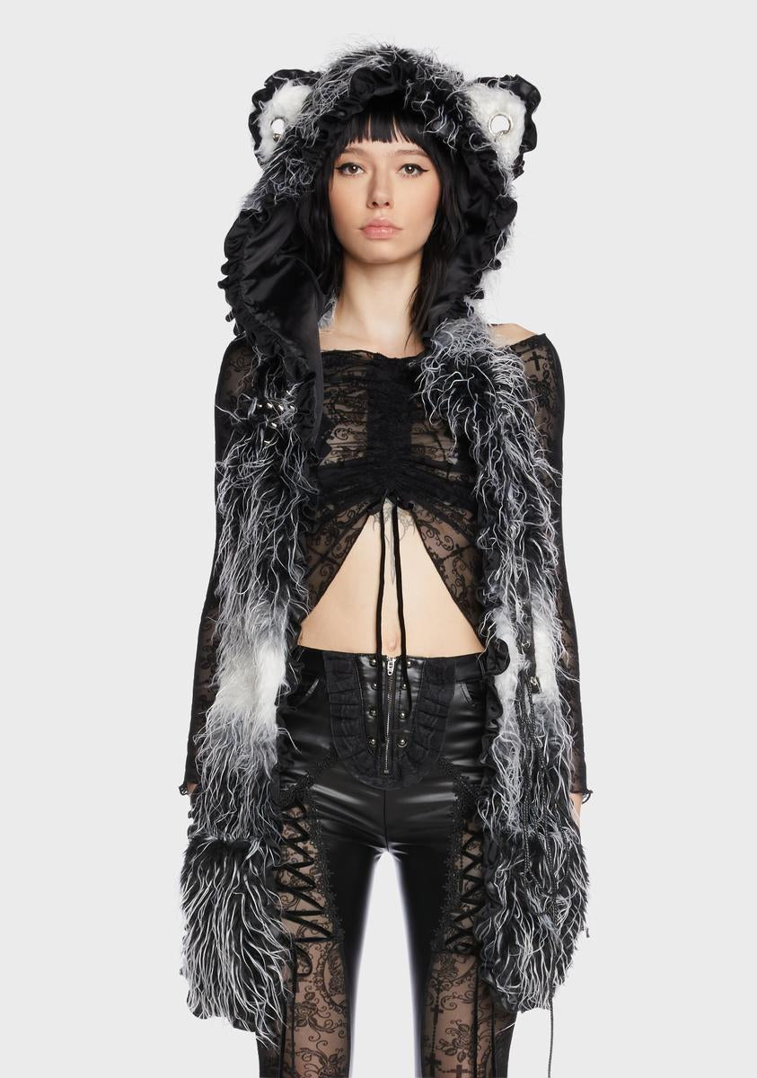 Devil Fashion Faux Fur Cat Ear Scarf Hood - Black/Grey – Dolls Kill