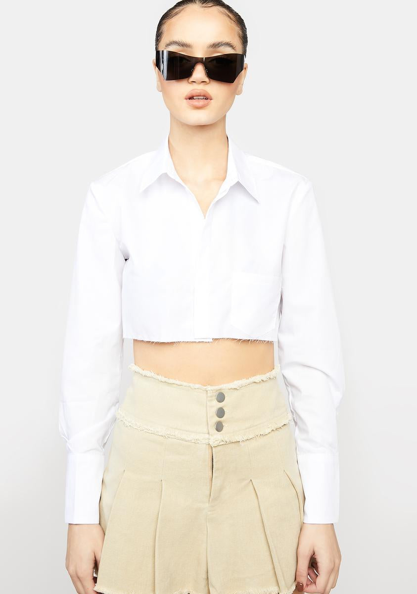 Collared Long Sleeve Cropped Button Up Shirt White – Dolls Kill