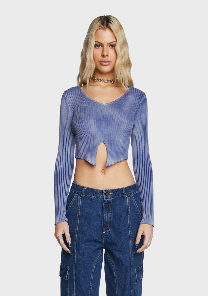Pretty Garbage Ribbed Knit Long Sleeve Top - Washed Blue – Dolls Kill
