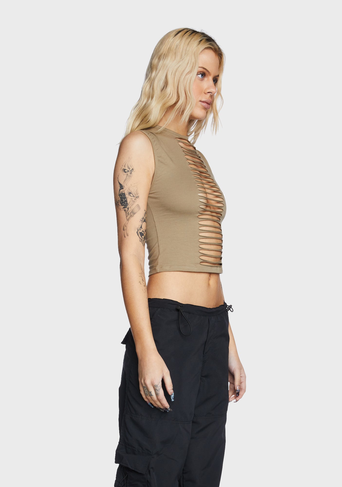 Motel Slashed Cut Out Crop Tank - Light Green – Dolls Kill