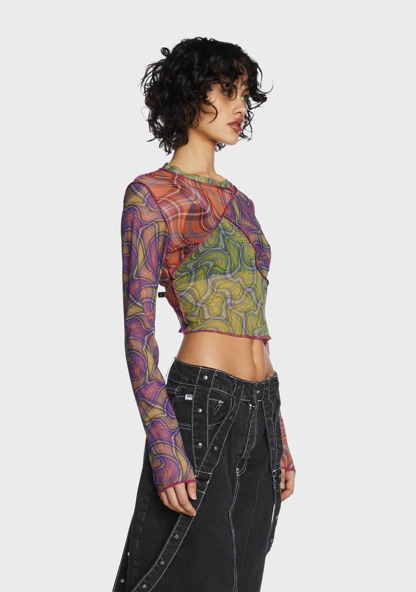 The Ragged Priest Wavy Plaid Mesh Crop Top - Multi – Dolls Kill