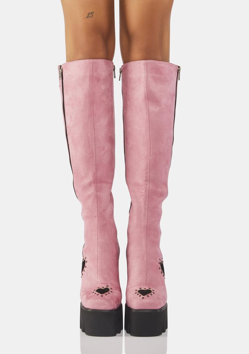 Lamoda Vegan Leather Heart Spike Knee High Platform Heel Boots Pink