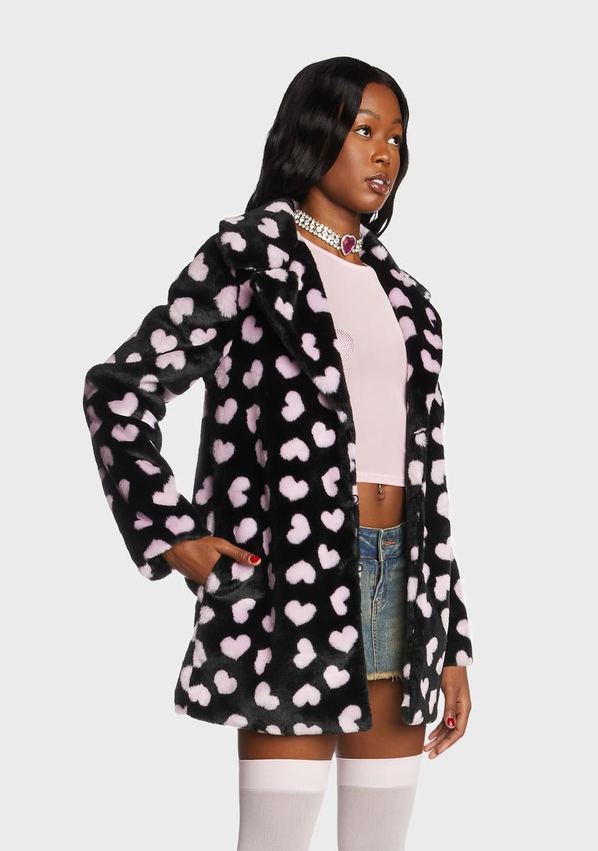 Sugar Thrillz Heart Print Faux Fur Coat - Black/Pink – Dolls Kill