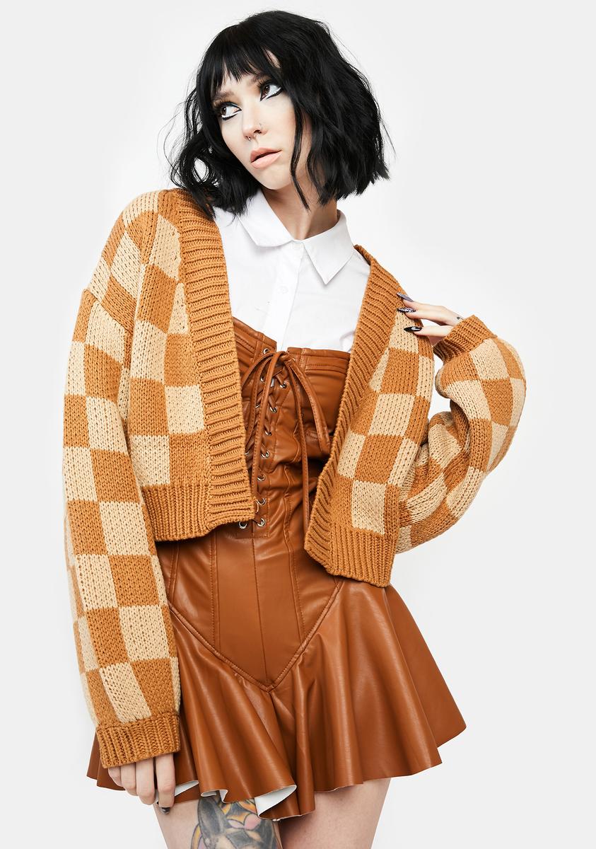 Checkered Knit Cropped Cardigan - Camel/Tan – Dolls Kill
