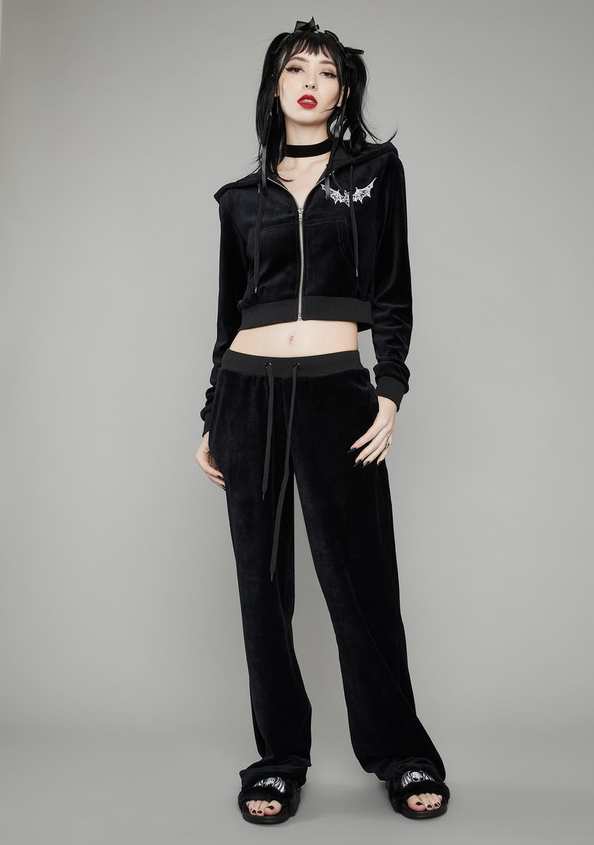 Dolls Kill Bat Velour Drawstring Pants - Black